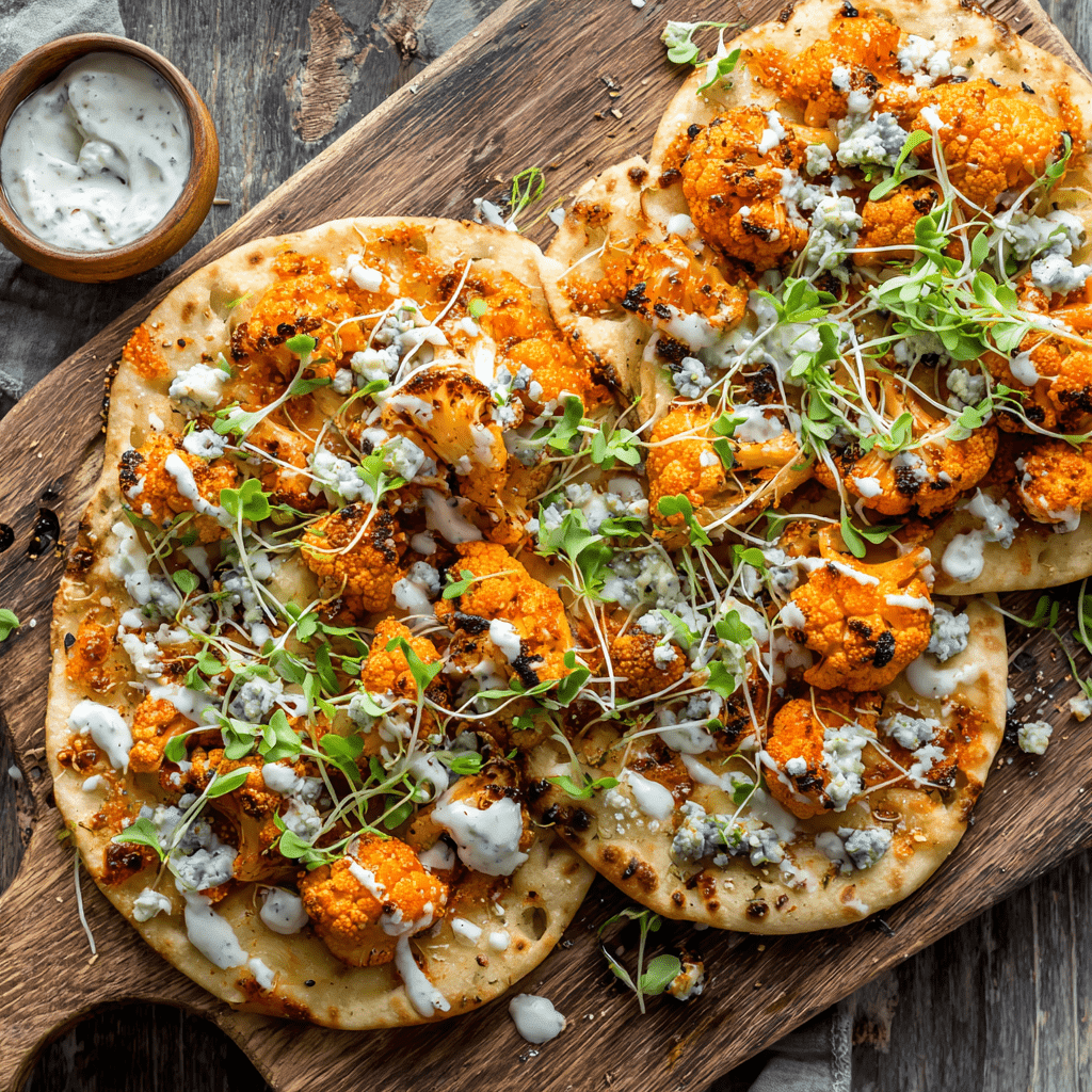 Buffalo Cauliflower Flatbread with Blue Cheese Drizzle - Tasty Chow